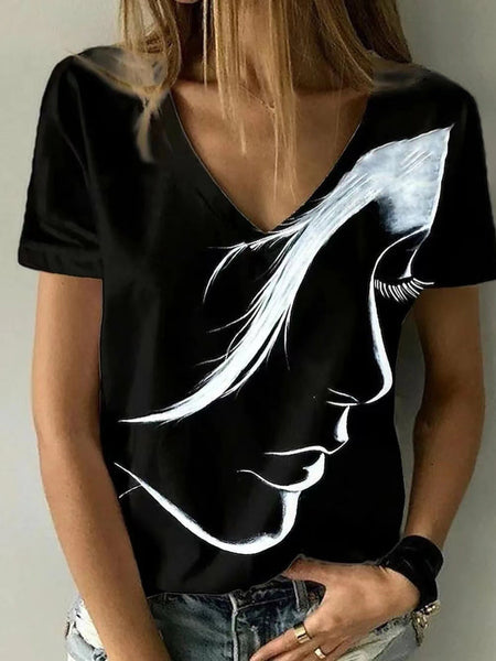 Fashion Women Abstract Portrait T-Shirt Print Summer V-Neck Basic Shirt ...